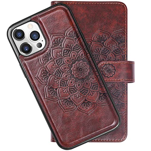 Vofolen for iPhone 12 Pro Max Case Credit Card Holder Wallet Cover 2-in-1 Slot Women Girl Detachable Strap Protective Slim Hard Shell Magnetic Leather Folio Pocket Flip Case Mandala Brown