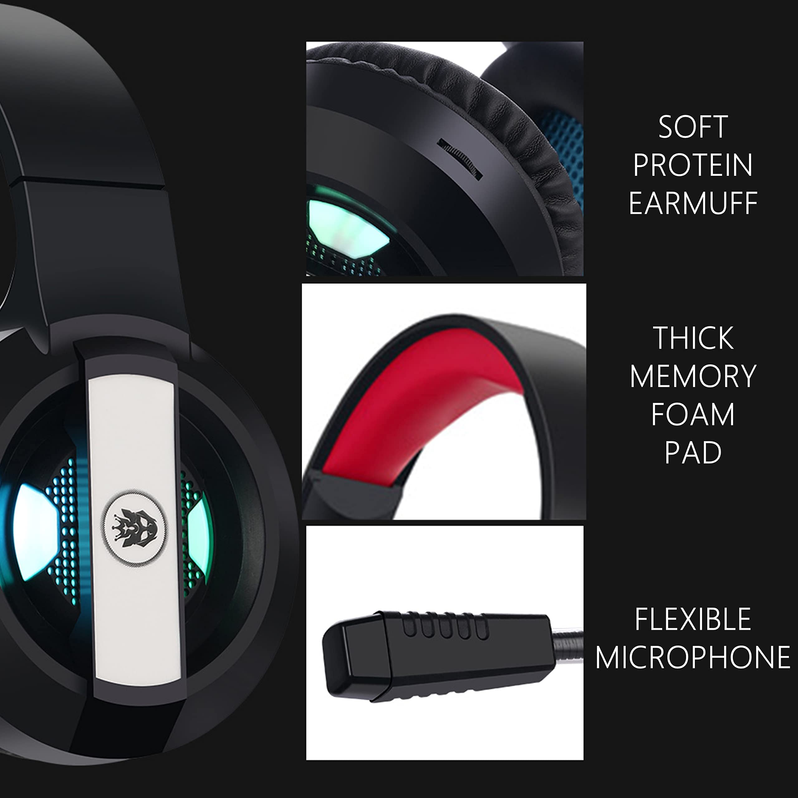 Gaea Gaming Headset with Microphone, Gaming Headphones for PS4 PC Xbox One PS5, Noise Canceling Over Ear Headphones with Mic, 7.1 Surround Sound, LED Light, Adjustable Headband, Soft Memory Earmuffs