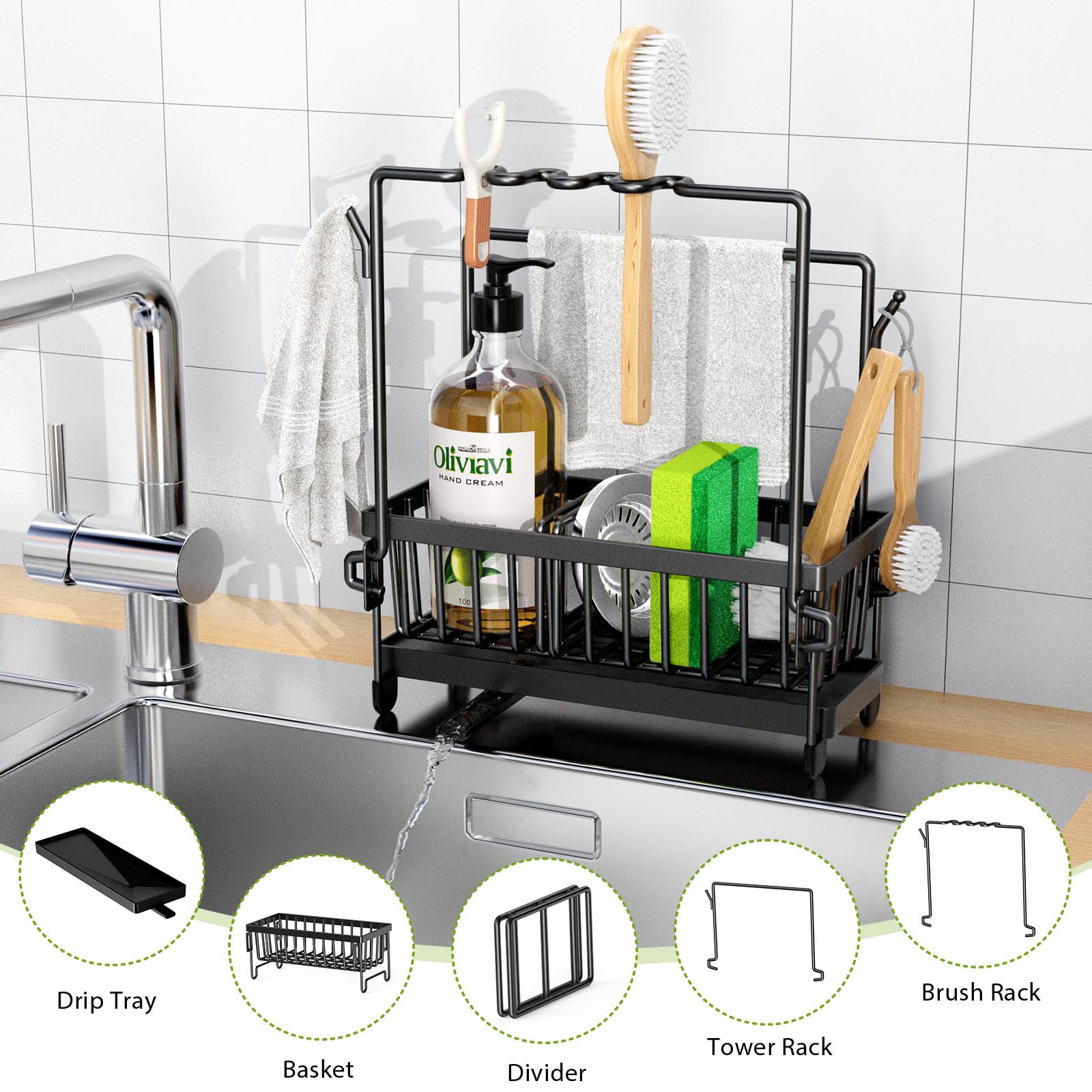 PKBD Kitchen Sink Caddy, Rustproof 304 Stainless Steel Sponge Holder for Kitchen Sink with Removable Drain Tray, Towel Holder and Brush Drainer Rack, Kitchen Organiser for Sink Tidy, Black