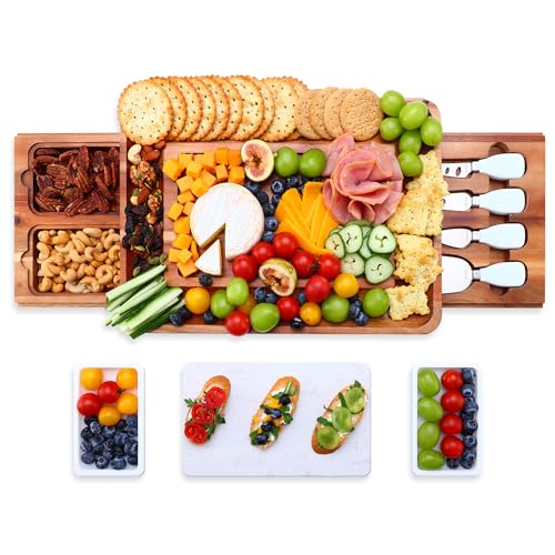 hecef Cheese Board Set Acacia Wood - Large Charcuterie Board with Stainless Steel Knife Set, Thick Wooden Server - Fancy House Warming Gift, Birthday Present & Perfect Choice for Gourmets