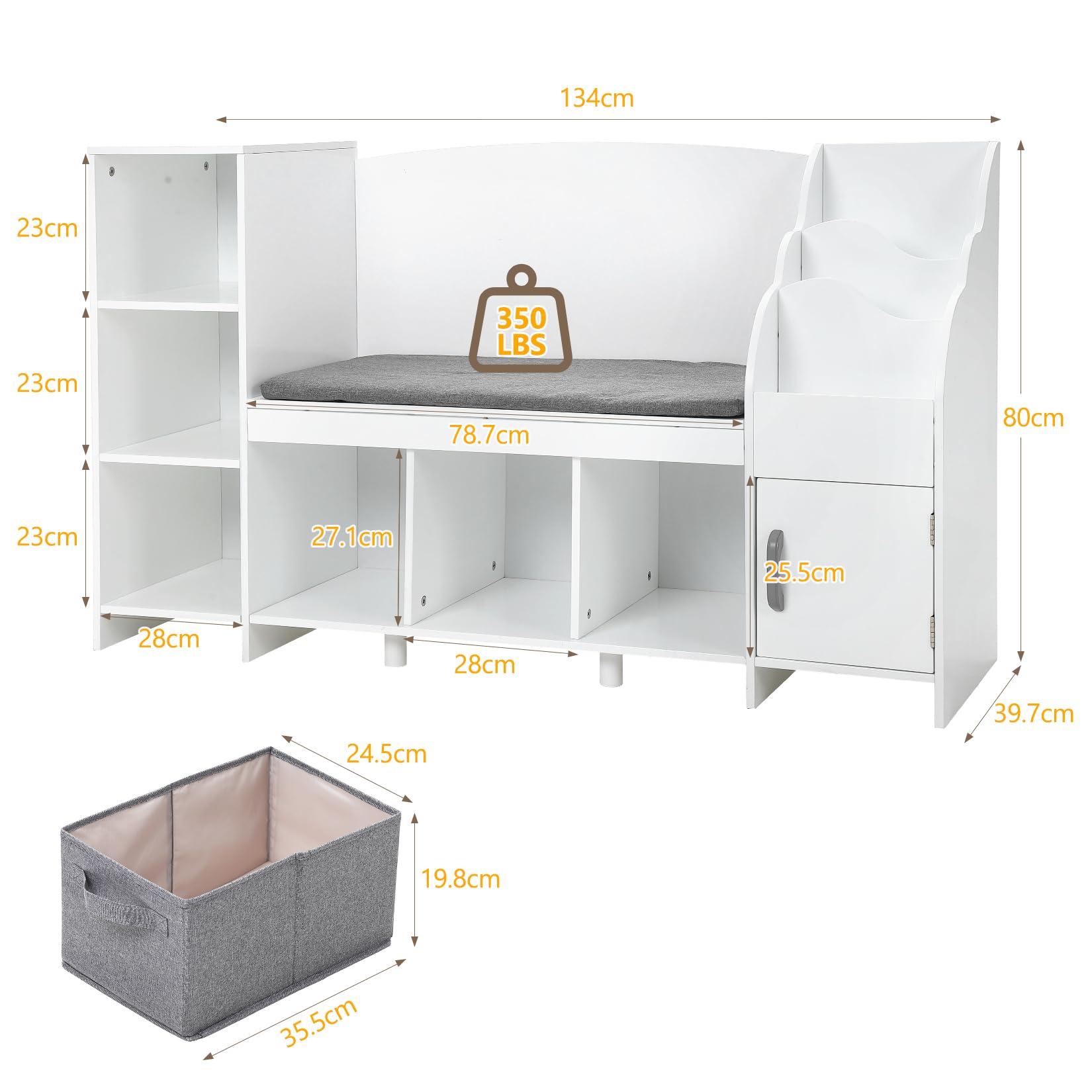 Kids Bookshelf with Reading Nook, Bookcase with Detachable Cushion ,Storage Organizer with Book Rack for Bedroom, Playroom, Gift for Boys and Girls, White