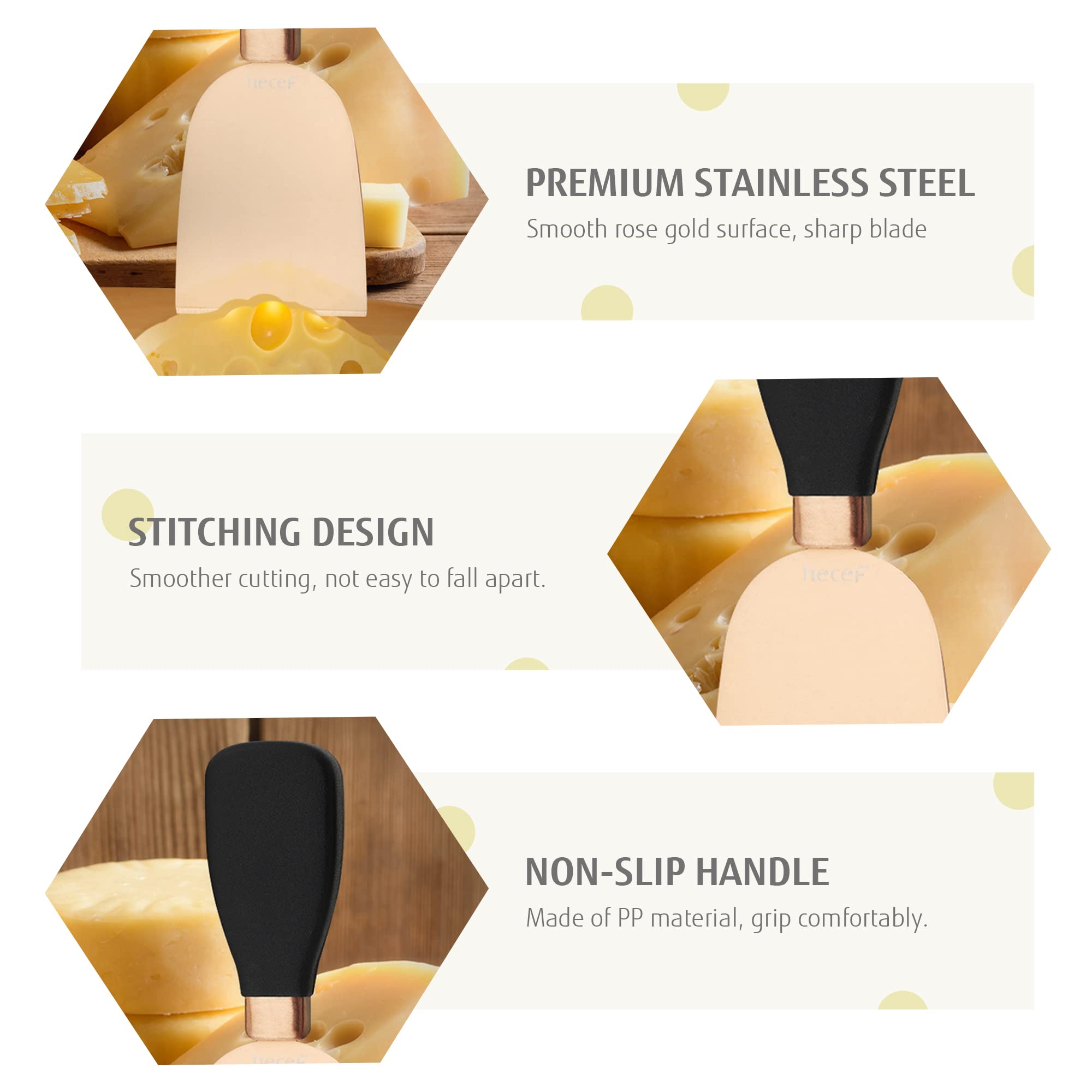 hecef Cheese Knife & Acrylic Stand Set of 5 - Stainless Steel Cheese Slicer with PP Handle & Acrylic Stand