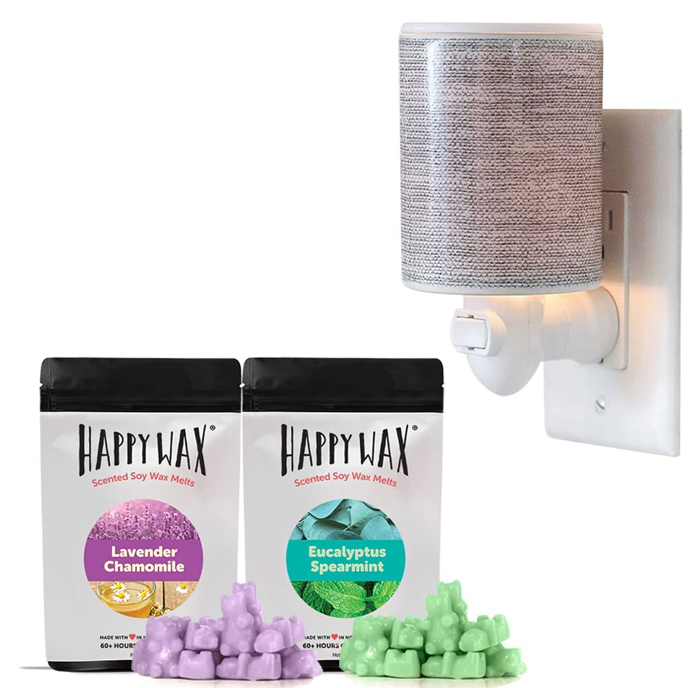 Happy Wax Amazon Exclusive Grey Linen Travel Warmer and Spa Collection Scented Wax Melts Gift Set, Includes Eucalyptus Spearmint and Lavender Chamomile