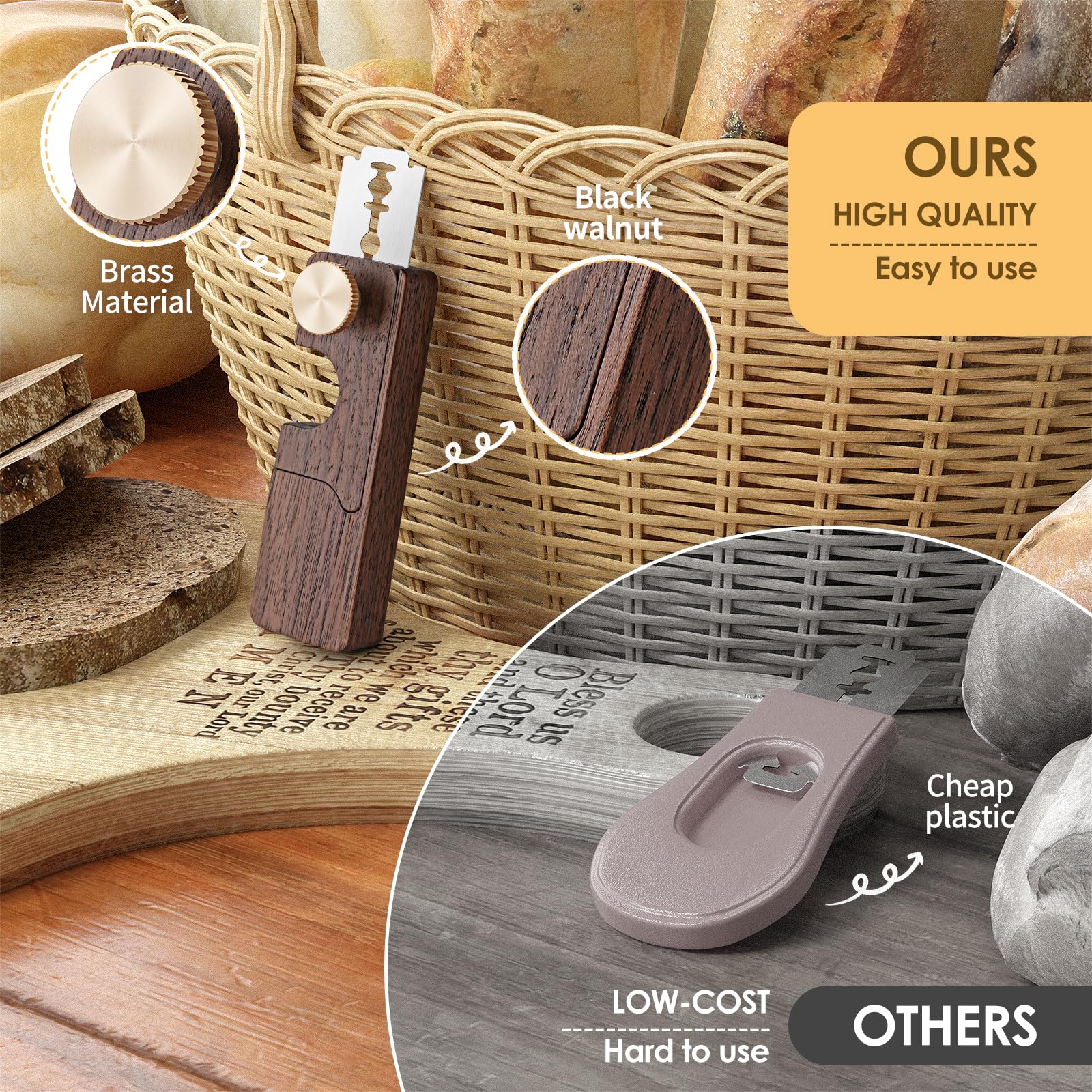 Magnetic Bread Lame Sourdough Scoring Tool, Wooden Hand Crafted Bread Scoring Tool with Rotating Blade Design, Dough Scoring Tool Knife for Homemade Bread Baking & Bread Making with 5 Razor Blades