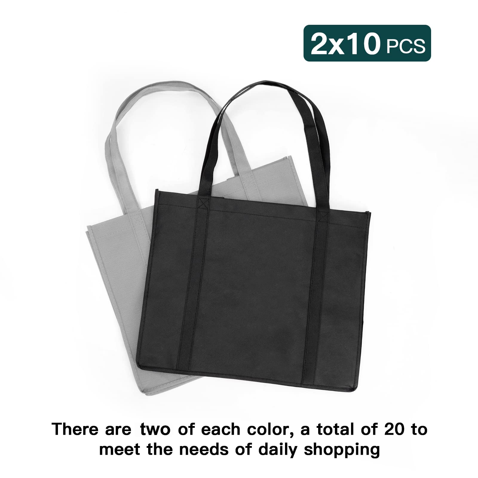HECTOLIFE 20-Pack Reusable Grocery Bags,Large Washable Foldable Shopping Bags,Heavy Duty Tote Bags with Reinforced Handles(Black and Grey)