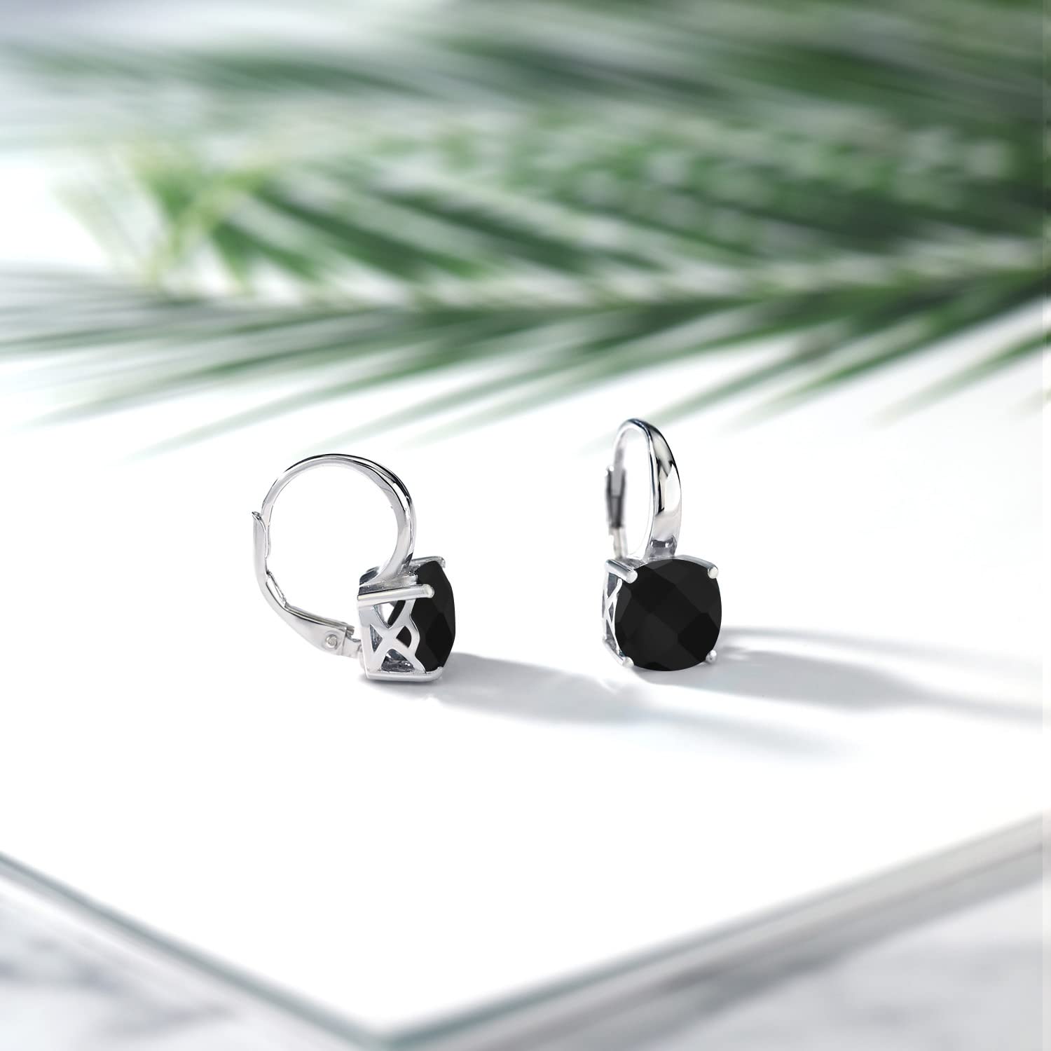 Gem Stone King 925 Sterling Silver Black Onyx Earrings For Women (4.22 Cttw, Gemstone Birthstone, Cushion Checkerboard Cut 8MM)