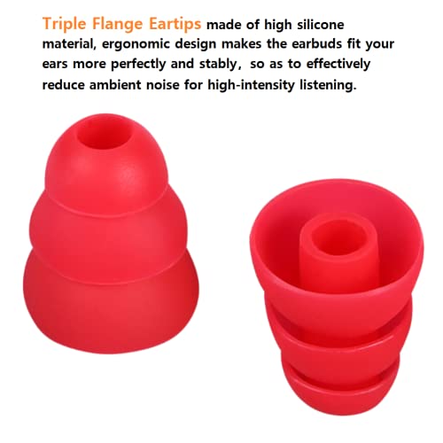 Silicone Ear Tips Triple Flange Replacement Ear Tips Three Flange Noise-Isolation Eartips Fit for Inner Hole from 4mm - 5.1mm Earphones 9 Pairs S/M/L Red