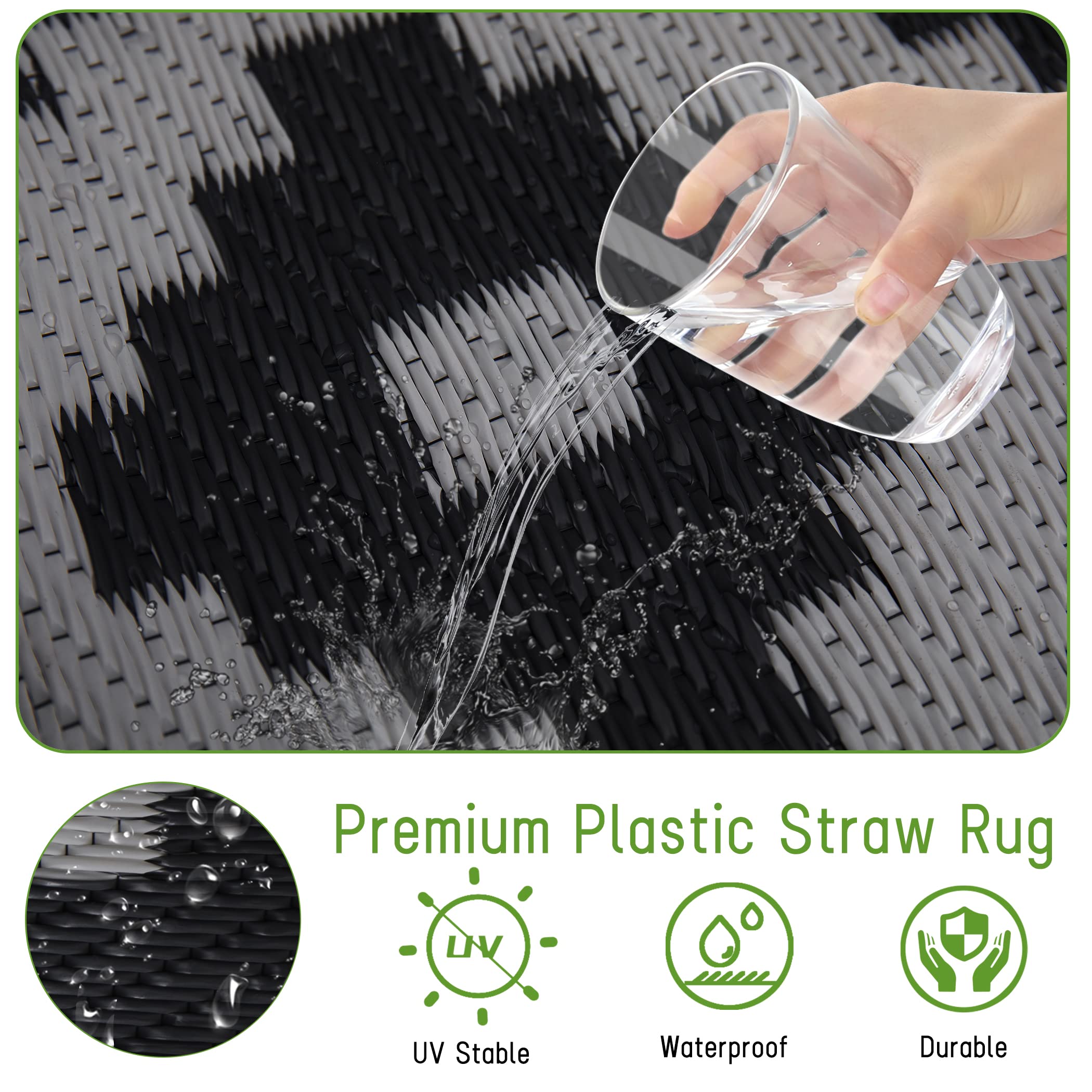 Easy-Going Reversible Outdoor Rugs 5x8ft Waterproof Plastic Straw Rug Stain & UV Resistant Floor Mat for Patio Porch RV Backyard Pool Deck Picnic Beach Trailer Camping (Diamond/Gray & White)