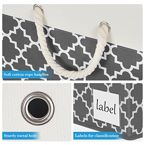 RVSNQ Large Fabric Storage Bins, Closet Storage Bins with Cotton Rope Handle and Label, Foldable Storage Boxes for Organizing, Storage Baskets for Shelves Bedroom Office (3-Pack, Grey Quatrefoil)
