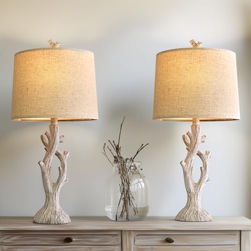 OYEARS 26.25" Farmhouse Table Lamp Set of 2 for Living Room Bedroom Resin Bedside Tree Lamp Nightstand End Table Lamps Vintage Natural Style(Brown)