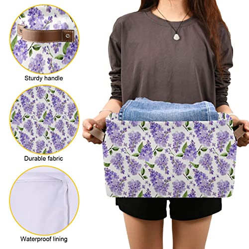 ALAZA Purple Lilac Flowers Storage Basket Rectangle Collapsible Storage Bins With Handles Durable Canvas Toy Basket Organizer Bin For Shelf Closet Bedroom Home Office