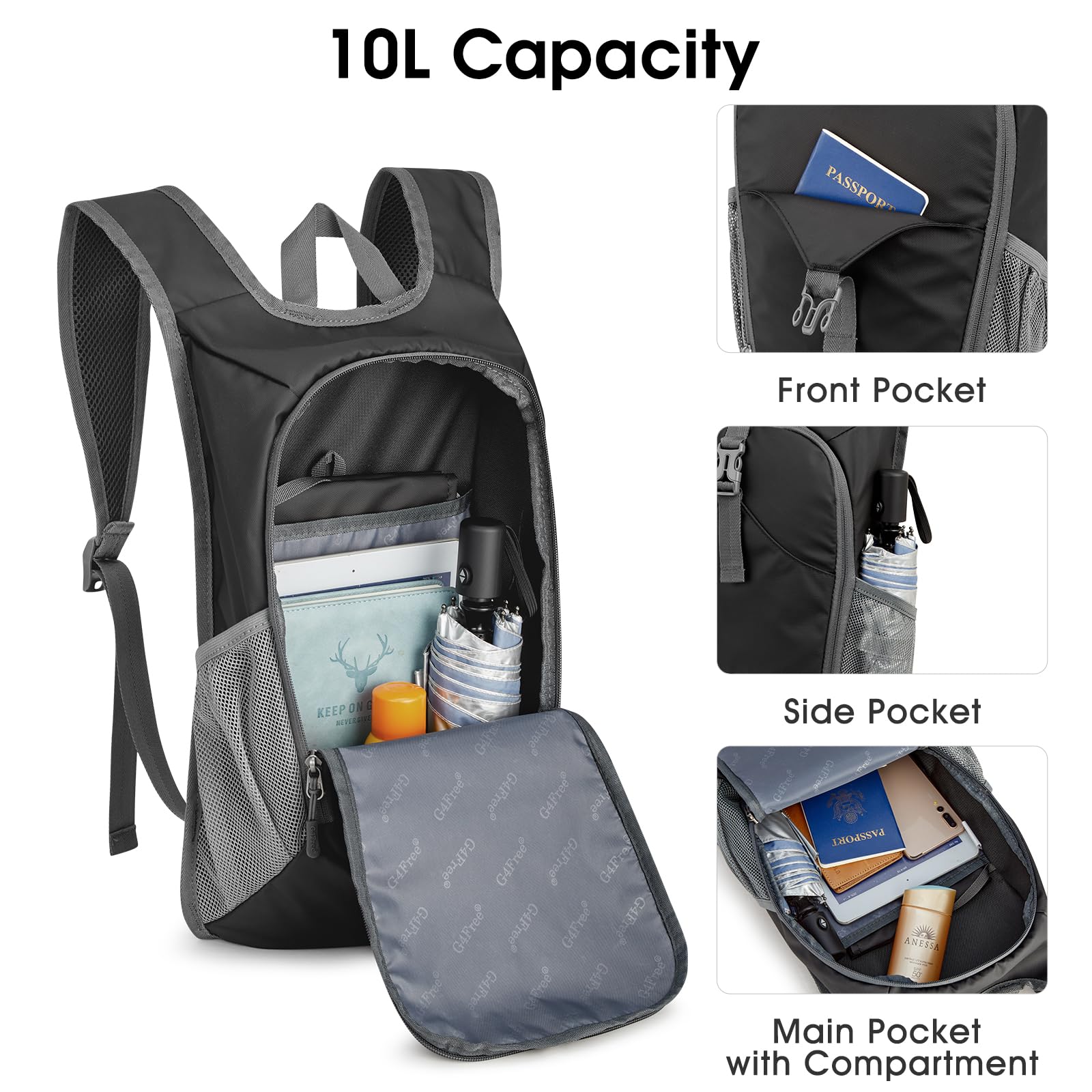 G4Free 10L Hiking Backpack, Lightweight Small Hiking Daypack Small Outdoor Travel Foldable Shoulder Bag, Black