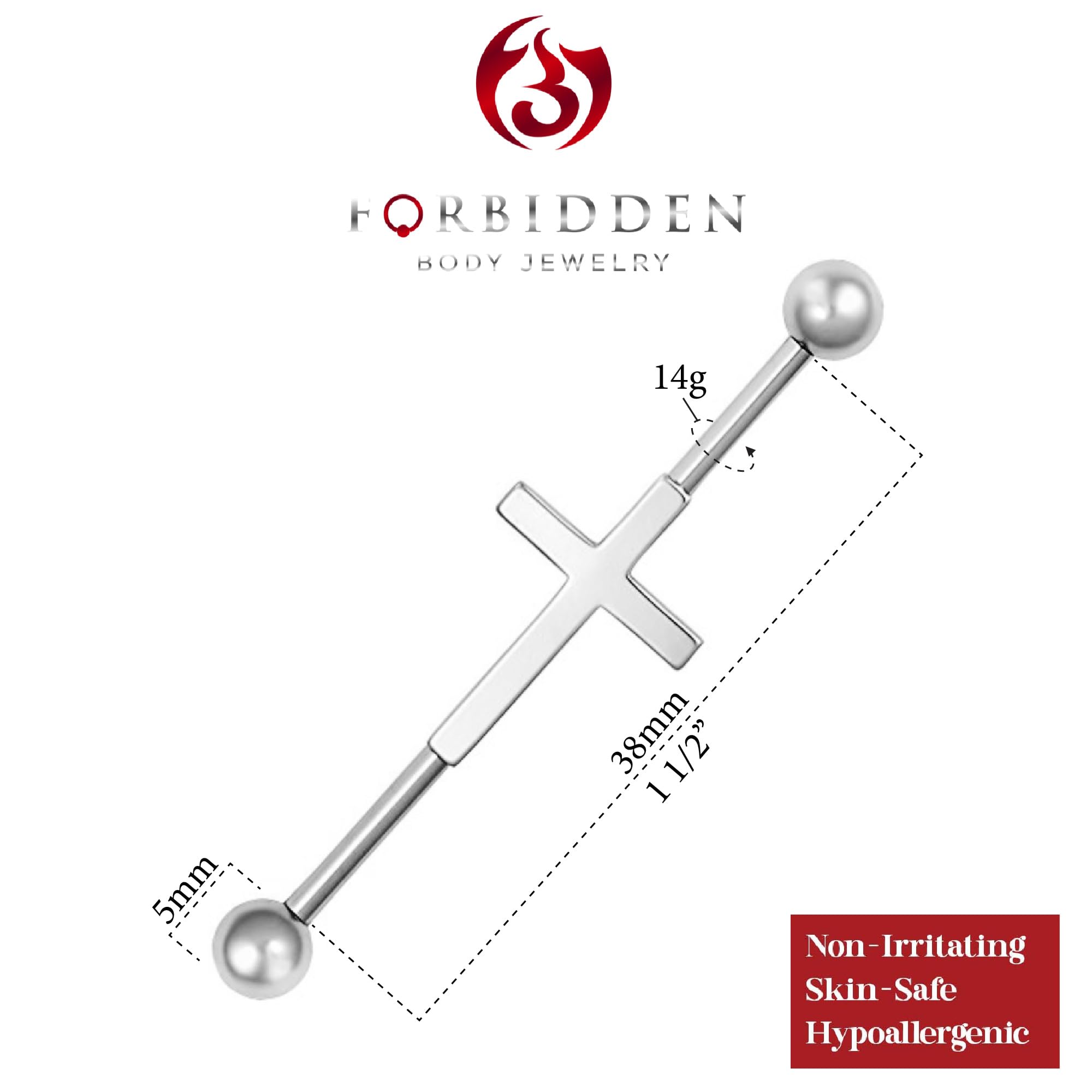 Forbidden Body Jewelry 14g 38mm (1.5 Inch) Surgical Steel Sideways Cross Industrial Piercing Barbell