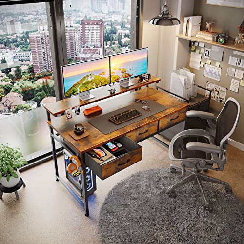 ODK 47 inch Small Computer Desk with Fabric Drawers, Home Office Desk with Adjustable Monitor Stand, Modern Work Study Writing Table Desk, Vintage