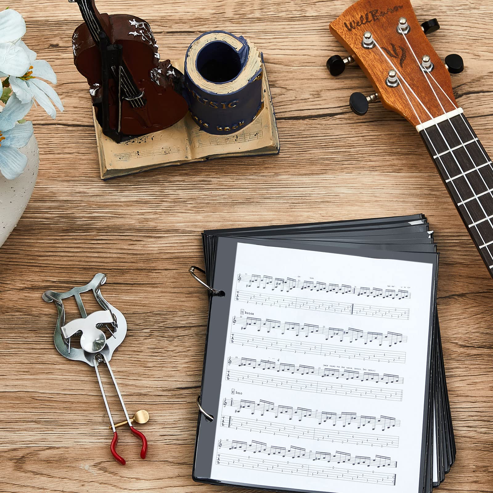 Flip Folio Folder, 12 Pcs Black Flip Folio and Trumpet Lyre Set Flip Folder Music Files Holder PVC Waterproof Window Pages Lightweight Instrument Lyre Marching Band Lyre and Flip Folder