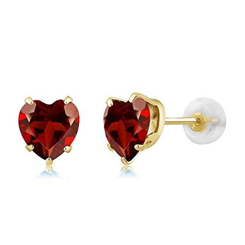 Gem Stone King 10K Yellow Gold Red Garnet Stud Earrings For Women (1.80 Cttw, Gemstone Birthstone, Heart Shape 6MM)
