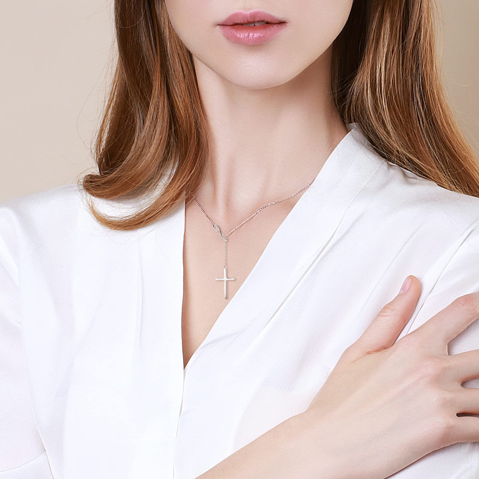 FANCIME White Gold Plated 925 Sterling Silver High Polished Infinity Cross Pendant Lariat Necklace Y Necklace Gift for Women, 18"