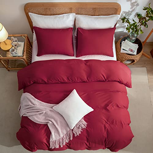 Red Duvet Cover King, 100% Washed Microfiber 3 Pieces Solid Color Casual Red Bedding Set for Men and Women, with Zipper Closure, Luxury Ultra Soft Relaxed Feel Natural Wrinkled Comfy (Red, King)