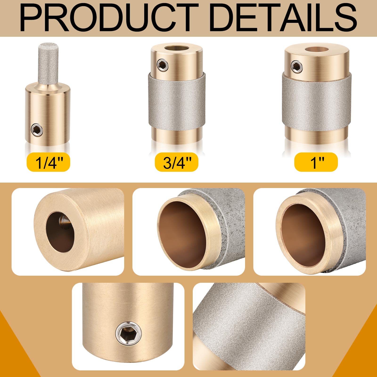 Glass Grinder Bits for Stained Glass, Stained Glass Drill Bits, Stained Glass Diamond Grinder Bit Head Tools, Stain Glass Tools and Supplies for Glass Grinder (3 Pieces,1 Inch, 3/4 Inch, 1/4 Inch)