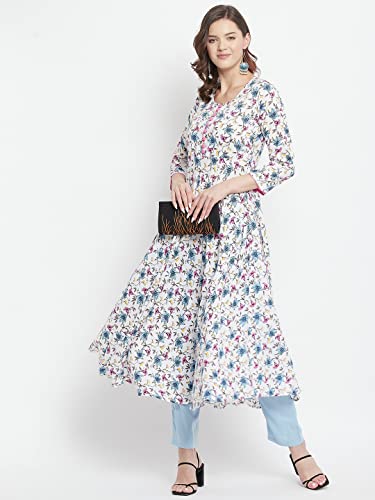 Tissu Women's Rayon White & Blue Floral Printed A-Line Kurta 2134_White_5XL