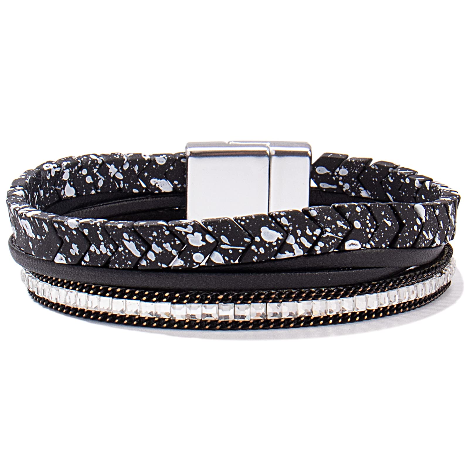 FANCY SHINY Hematite Leather Wrap Bracelets Beaded Healing Stone Cuff Bracelet Rhinestone Boho Jewelry Gift for Women with Clasp(Silver)