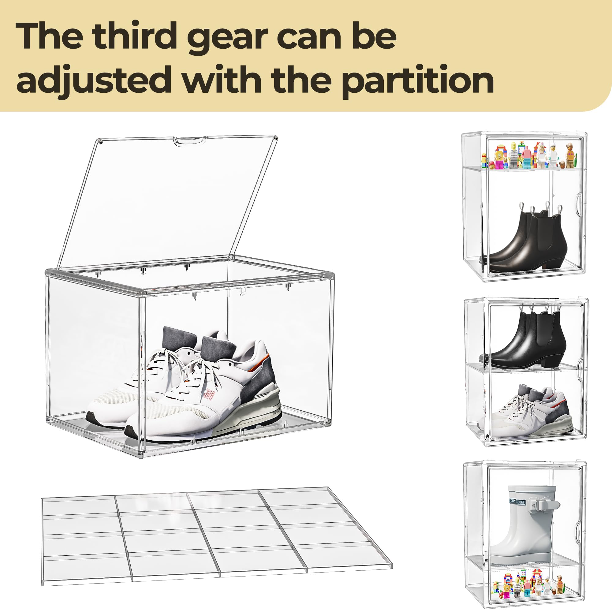 IYINIYI 15.75''x11.81''x9.84'' XX-Large Clear Shoe Storage Boxes with Divider, Stackable Plastic Boot Boxes with Magnetic Door, Acrylic display case Box with Lids for Sneaker Purses Handbags Books (3)