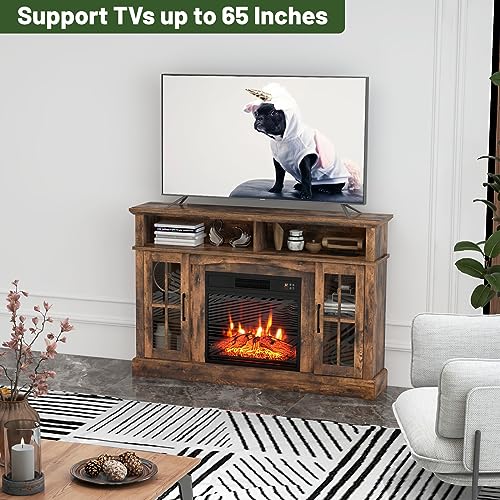 SIMOE 58 Inches Fireplace TV Stand with 23 Inch Fireplace, Electric Fireplace TV Console for TVs up to 65", Entertainment Center with 2 Cabinets & Remote Control, Brown