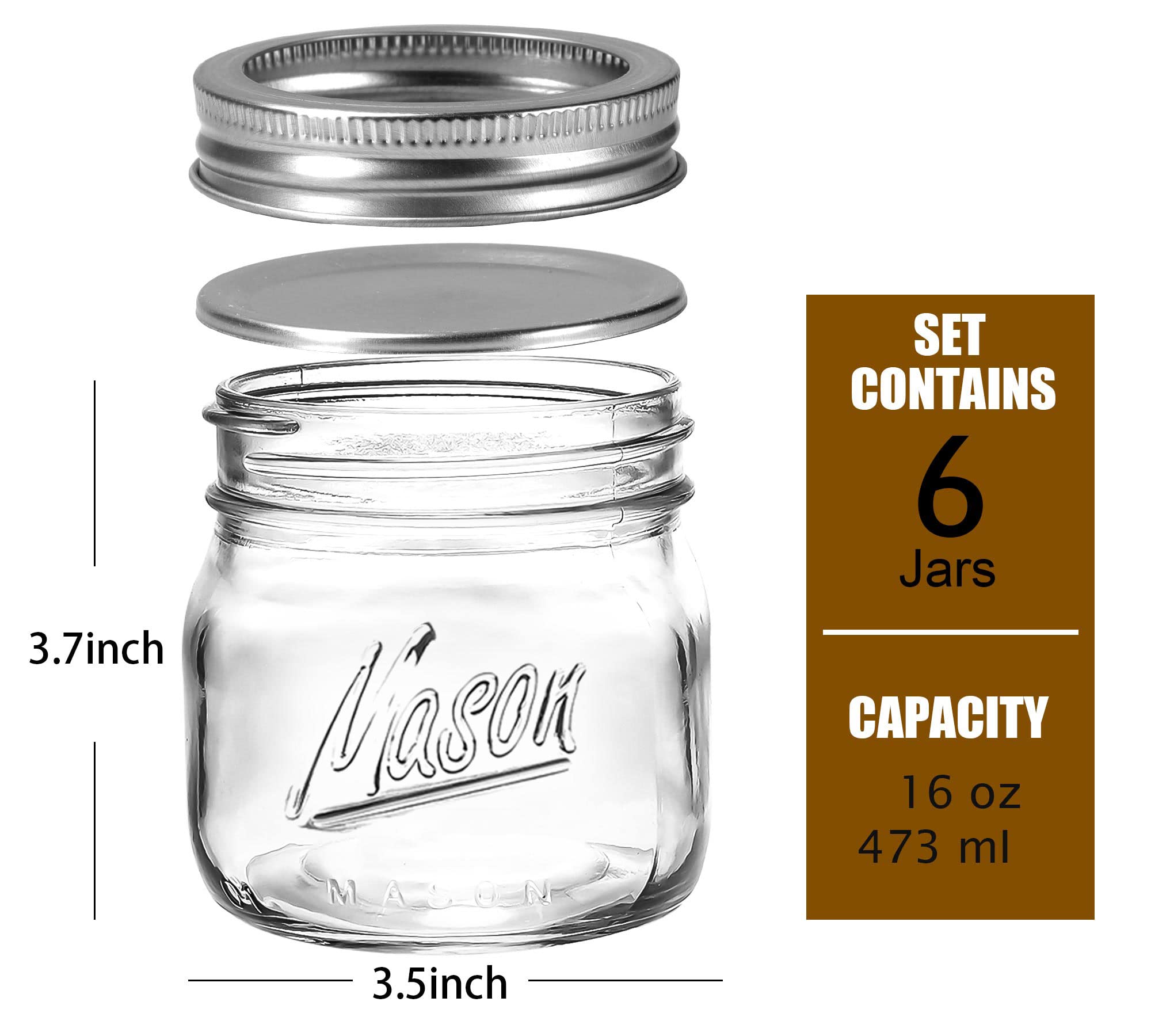 Ieavier 6 PACK Wide Mouth Mason Jars 16oz with Airtight Lids and Bands, Canning Jars with Crystal Glass for Food Storage, Spice Jars, Canning, DIY Projects, Jam, Jelly, Honey, Preserving, Drinking