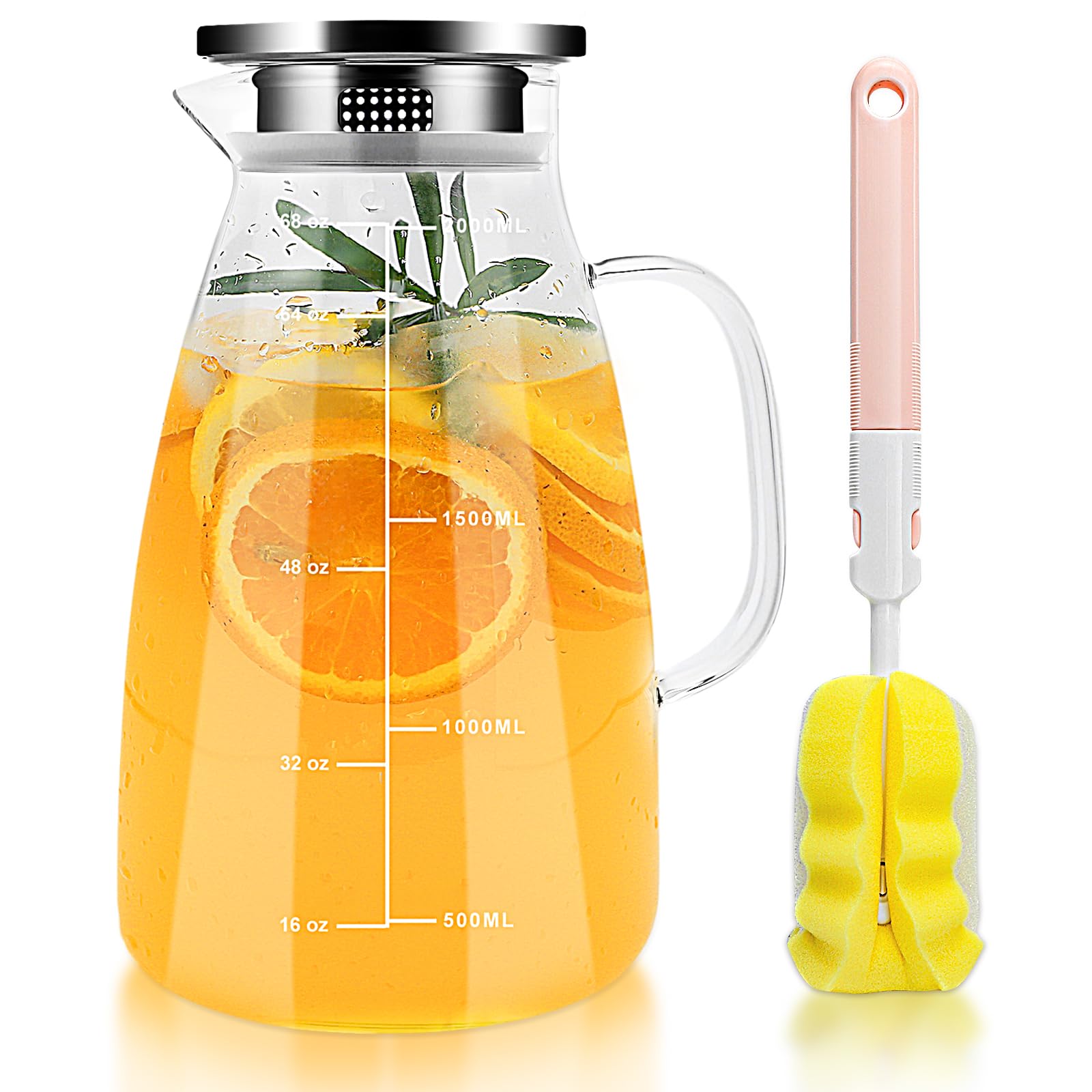 Glass Pitcher with Lid and Handle,68 OZ Glass Water Jug with Spout for Cold&Hot Drinks - Heat Resistant Borosilicate Crystal Clear Glass Carafe for Sangria, Coffee, Brewed Tea, Juice, and Beverage
