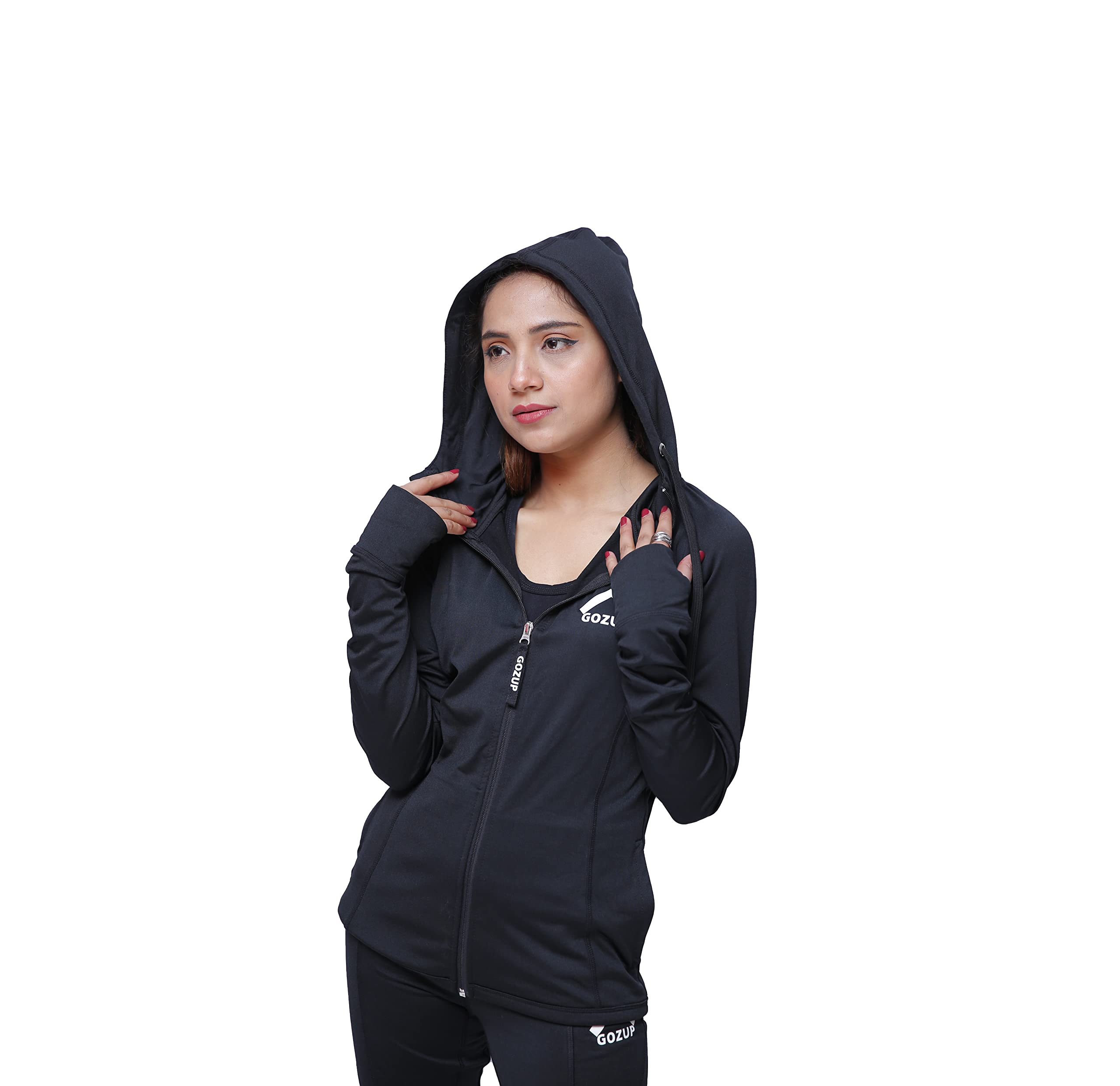 GOZUP Workout Jackets for Women - Full Zip Lightweight Quick Dry Hooded Black