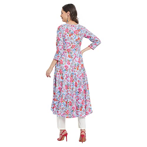 Tissu Women's Rayon Light Blue & Pink Printed A-Line Kurta 2156_Light Blue_XS