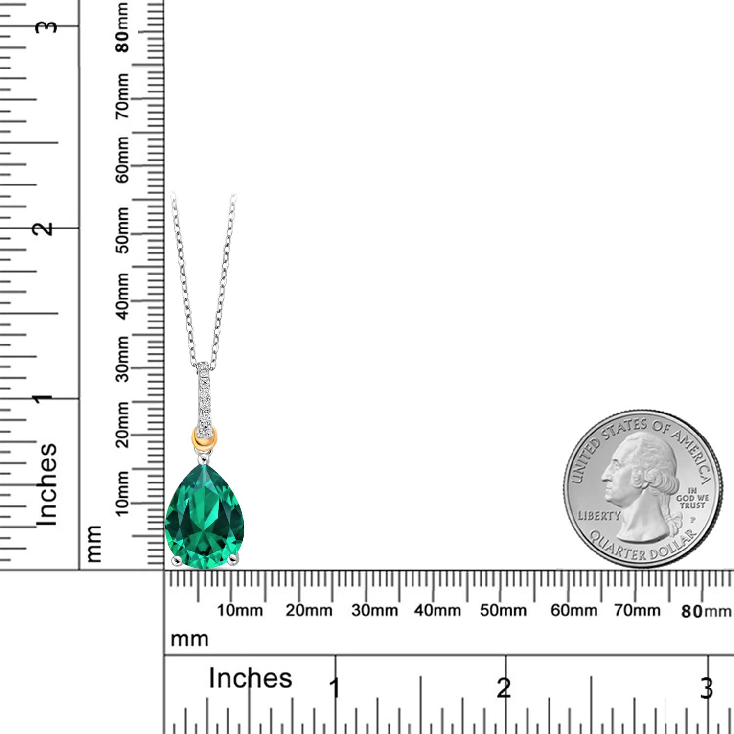 Gem Stone King 925 Silver and 10K Yellow Gold Pendant with Chain Pear Shape Green Nano Emerald Moissanite (8.31 Cttw)