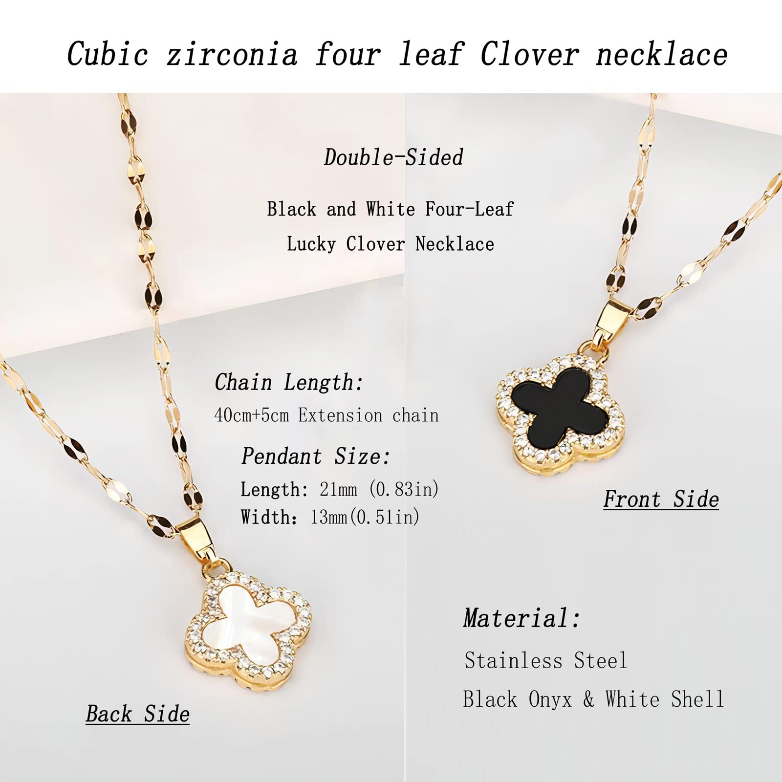 Fiklon Gold Clover Necklace For Women Lucky Black and White Leaf Clover Pendant Necklace Jewelry Double Side (Black White)