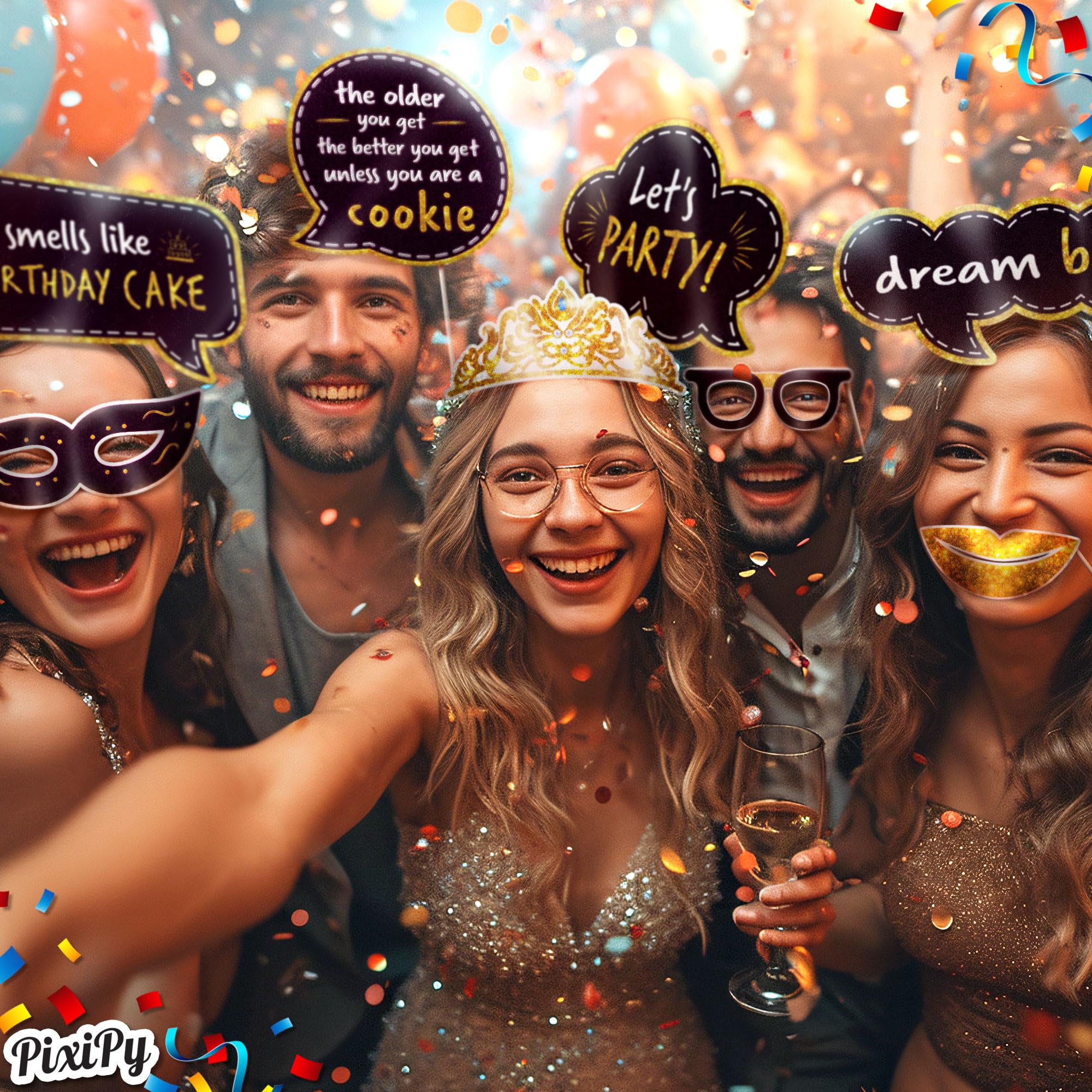 Premium Birthday Photo Booth Props Kit - 27 Pieces Black & Gold Party Decorations - Durable & Easy-to-Use Photobooth Props Signs for Memorable Photos - Party Supply Decorations - by PixiPy