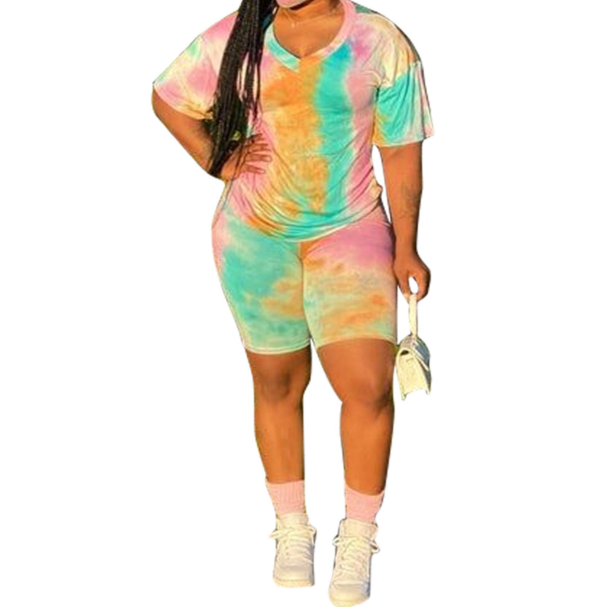 FANDEE Two Piece Outfits for Women Plus Size Tie Dye 4XL yellow green