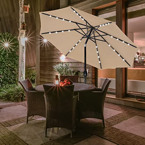 Simple Deluxe 9' Solar Umbrella 32 LED Lighted Patio Umbrella Table Market Umbrella with Push Button Tilt/Crank Outdoor Umbrella for Garden, Deck, Backyard and Pool, Tan