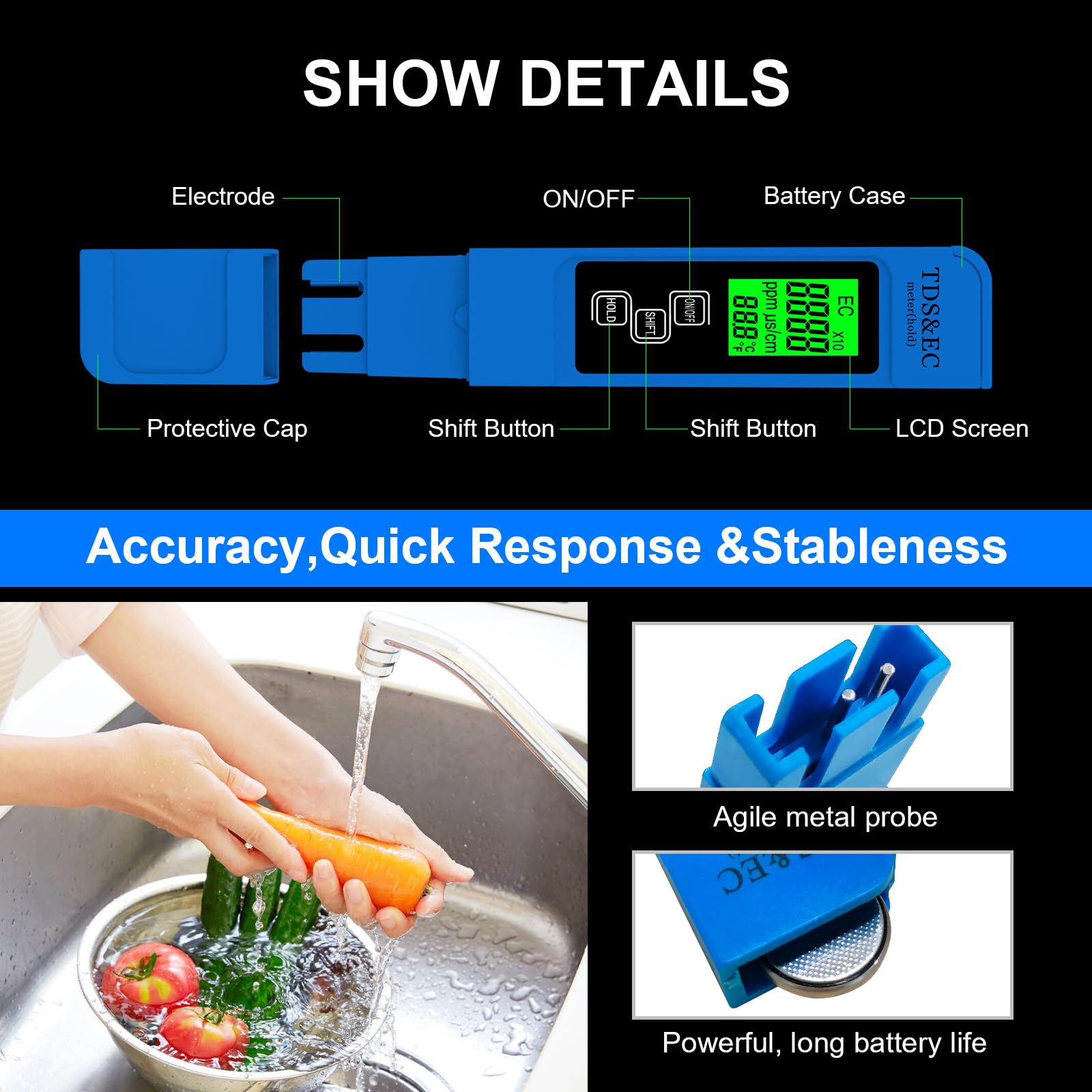 ๐๐จ๐ฌ๐ญ ๐๐๐๐ฎ๐ซ๐๐ญ๐ ๐๐จ ๐
๐๐ซ 4-in-1 Instant Read TDS Meter - Measures TDS, EC, & Temperature (ยฐC/ยฐF) - Digital Water Testing Kit for Tap, Well, Pool, Hydroponics, Aquarium, RO/DI System -Blue