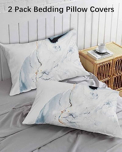 Navy Blue Marble Pillow Covers Standard Size Set of 2 Bed Pillow, Modern Yellow Lines Abstract Art Aesthetics Plush Soft Comfort for Hair/ Skin Cooling Pillowcases with Envelop Closure 20''x26''