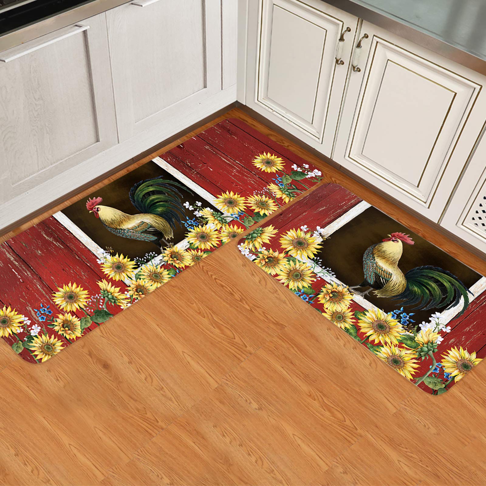 Farmhouse Rooster Kitchen Mats and Rugs Set of 2, Washable Absorbent Chicken Sunflower Kitchen Runner Rug Carpet Anti-Fatigue Comfort Mat for Kitchen Bathroom Laundry
