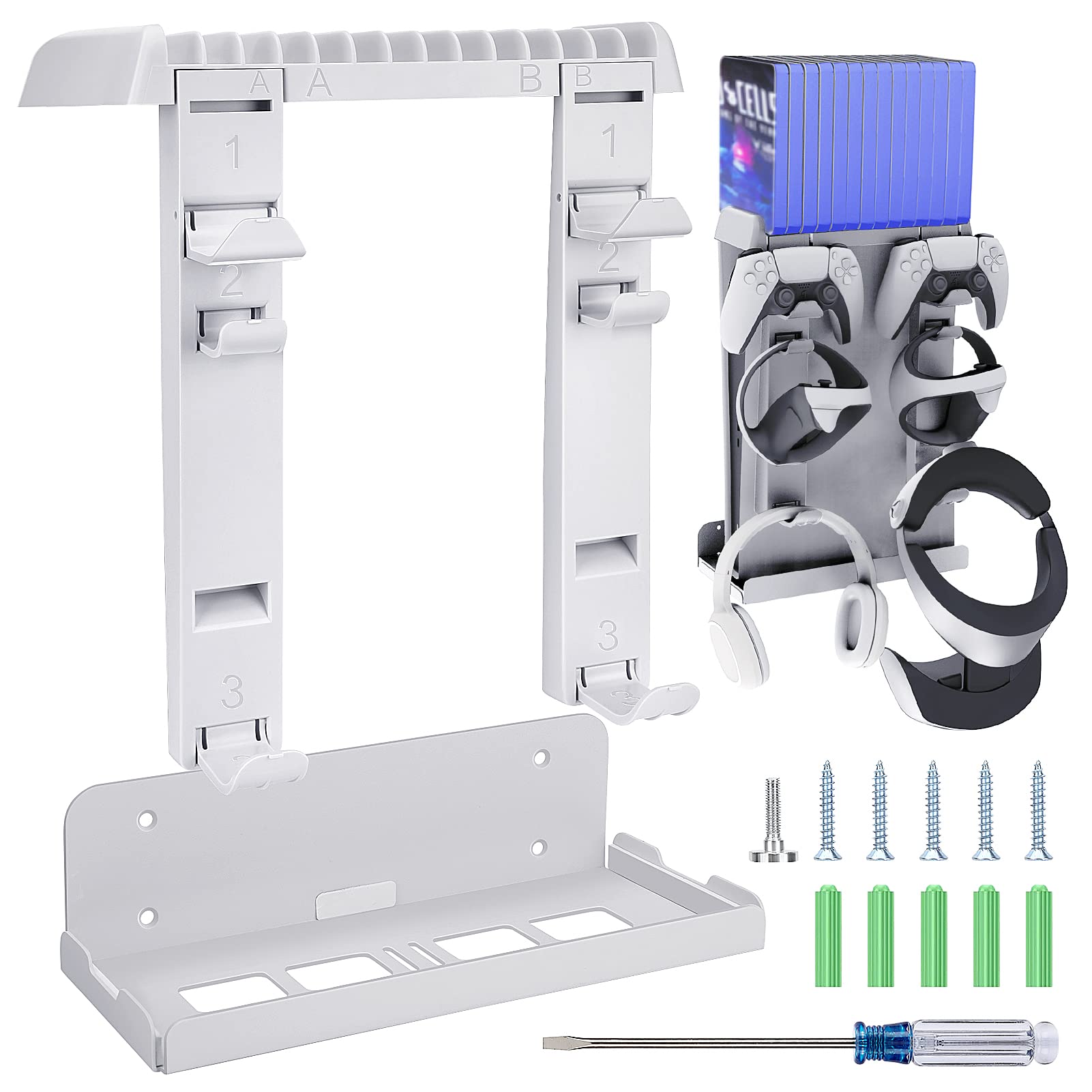 Jhua PS5 Wall Mount for Playstation 5 Wall Mount Sturdy Steel Wall Shelf for Playstation 5 Disc and Digital Edition 8-in-1 PS5 Wall Bracket Controller Holder Headphone Hanger Game Discs Storage Stand