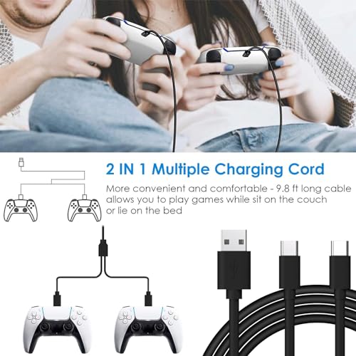 Geekria QuickFit Console Charging Cable, Charger Cord for PS5 Dualsense Controller, Y-Splitter USB C Fast Charger Cable, 2 in 1 Multiple Charger Cord for Playstation 5 / Xbox Series X (10FT)