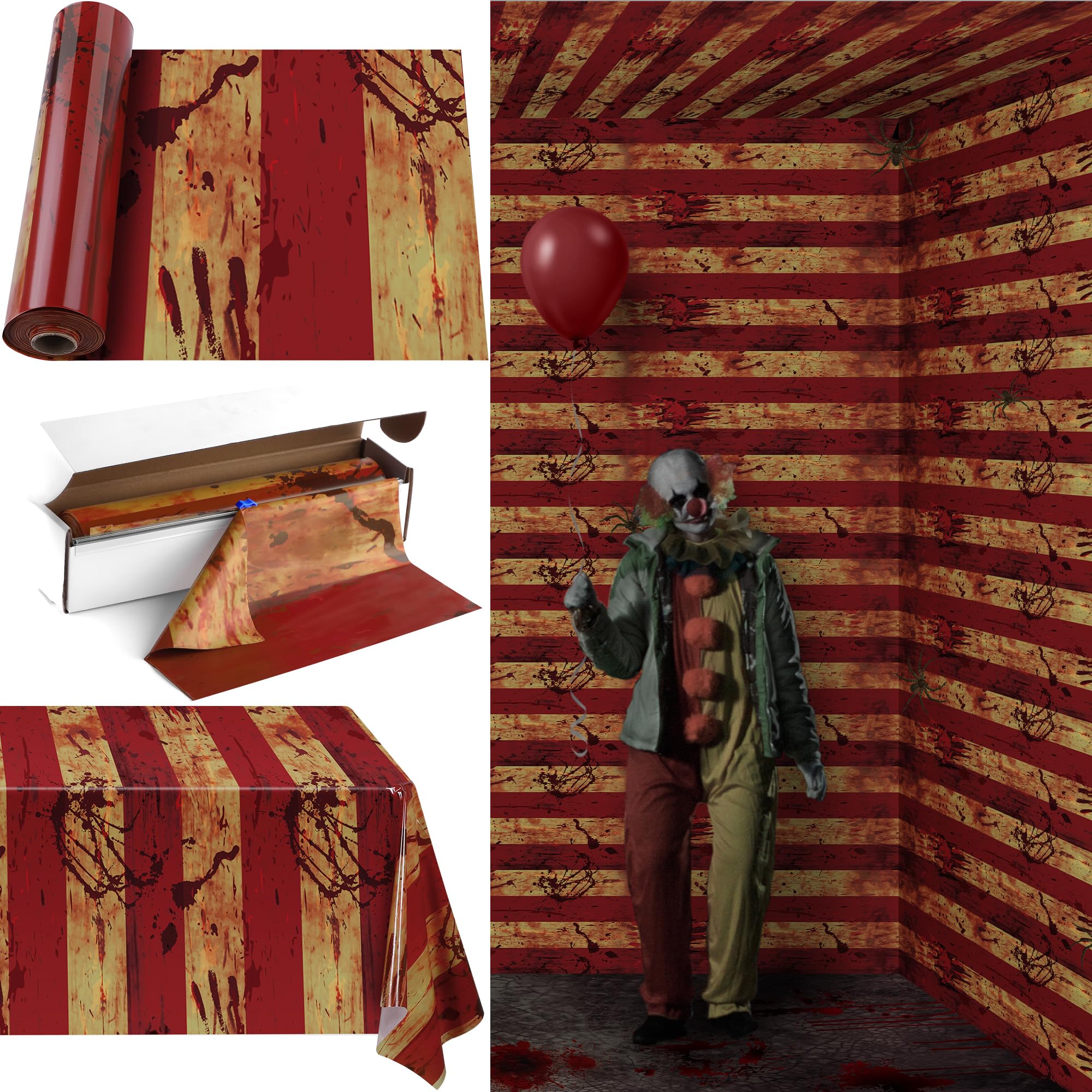 HOBBY HORSE 100 Ft x 54 Inch Creepy Carnival Tablecloth Roll with Cutter Box Terrible Halloween Bloody Circus Tent Backdrop Cut to Size Table Cover for Clown Room Wall Decorations for Halloween Circus