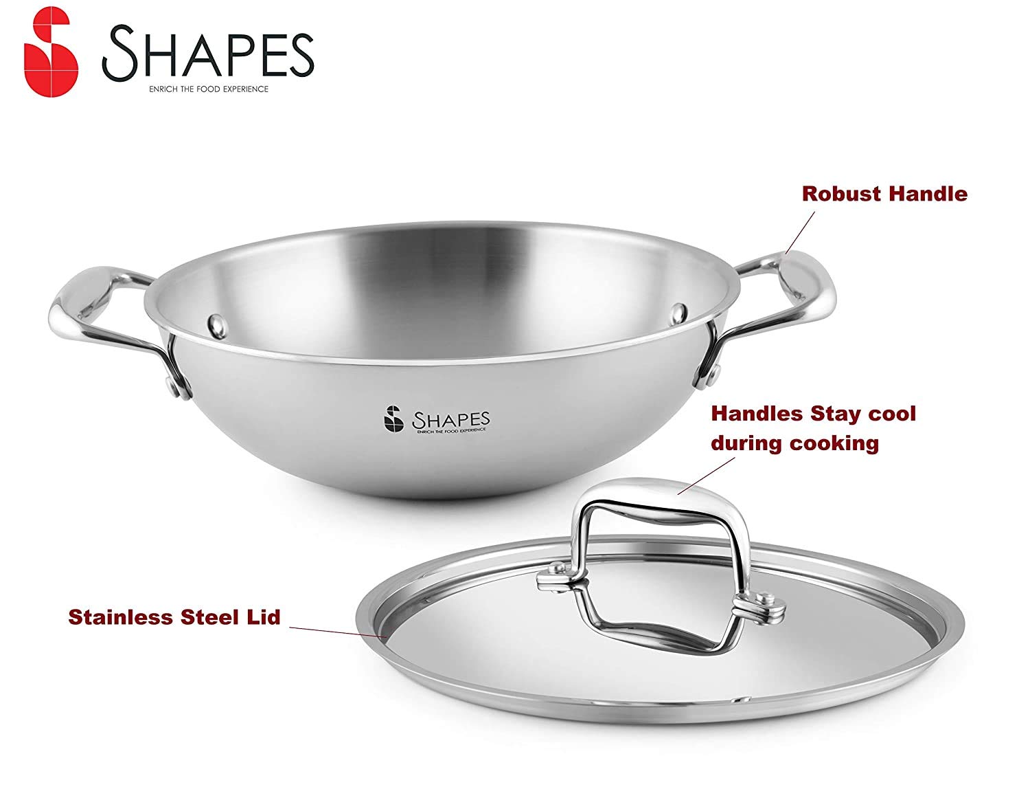 Shapes Stainless Steel Cookware Tri-Ply Wok with Lid, Multipurpose Pan, Capacity - 4 Quart, Silver - Use for Home, Kitchen and Restaurant - Easy to Clean and Dishwasher Safe