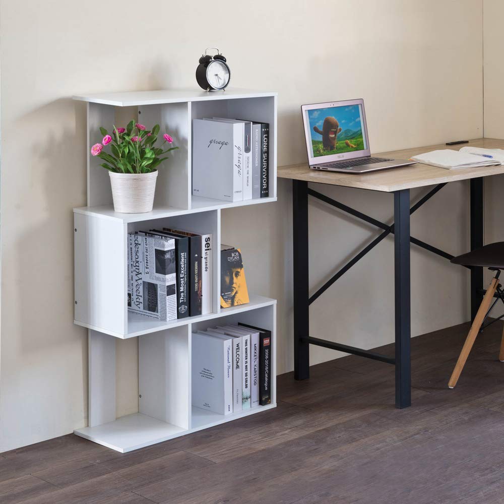 Frama 3-Shelf Creative Storage Bookcases Room Divider, S-Shaped Z-Shelf Bookshelf Standing Storage Shelves for Bedroom, Living Room, Home Office, White