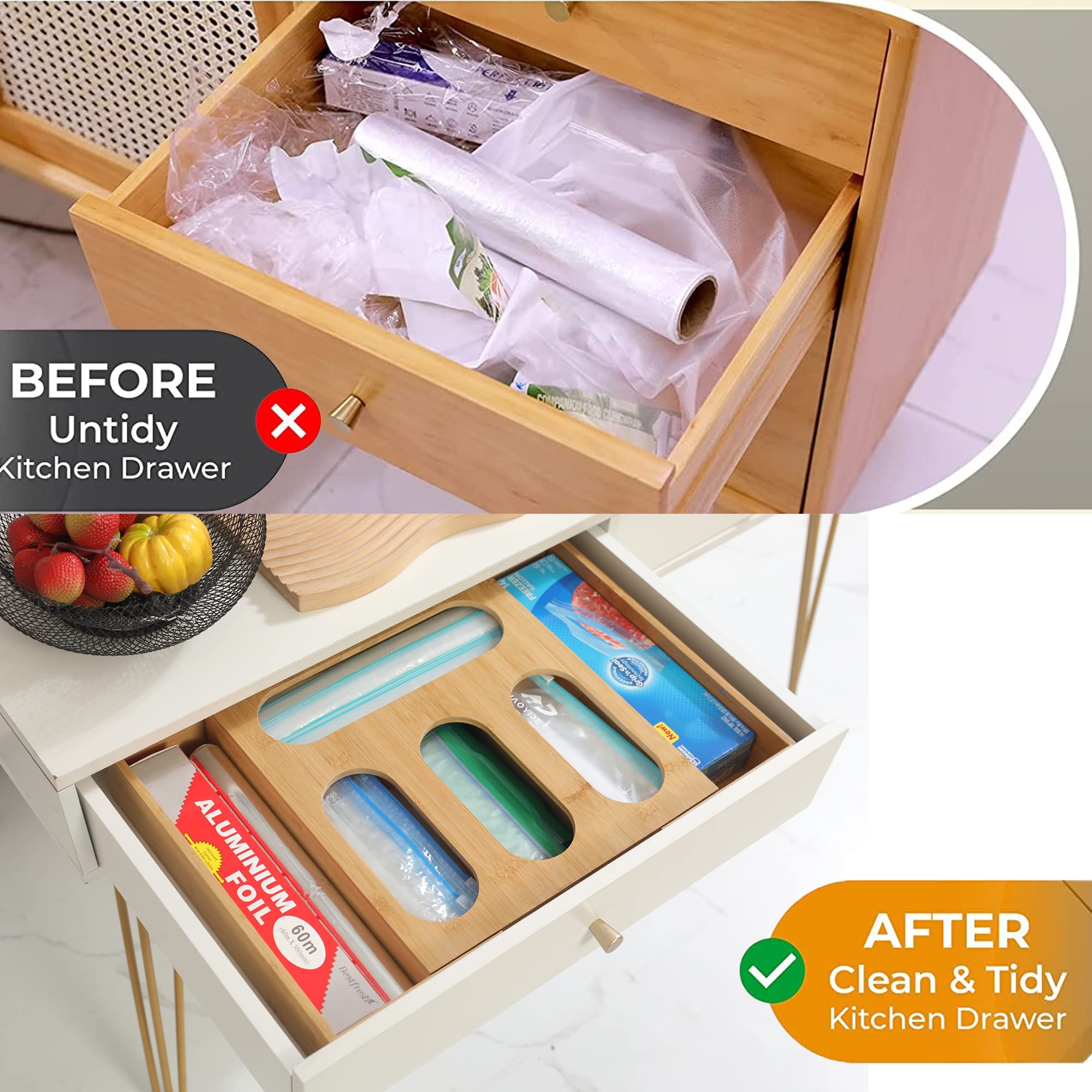 IK Innovations Bamboo Ziplock Bag Organizer for Drawer 7-In-1 Expandable Foil and Plastic Wrap Organizer 12” With Baggie Holder | Ziplock Bag Storage Organizer for Gallon Quart Sandwich Snack Bags