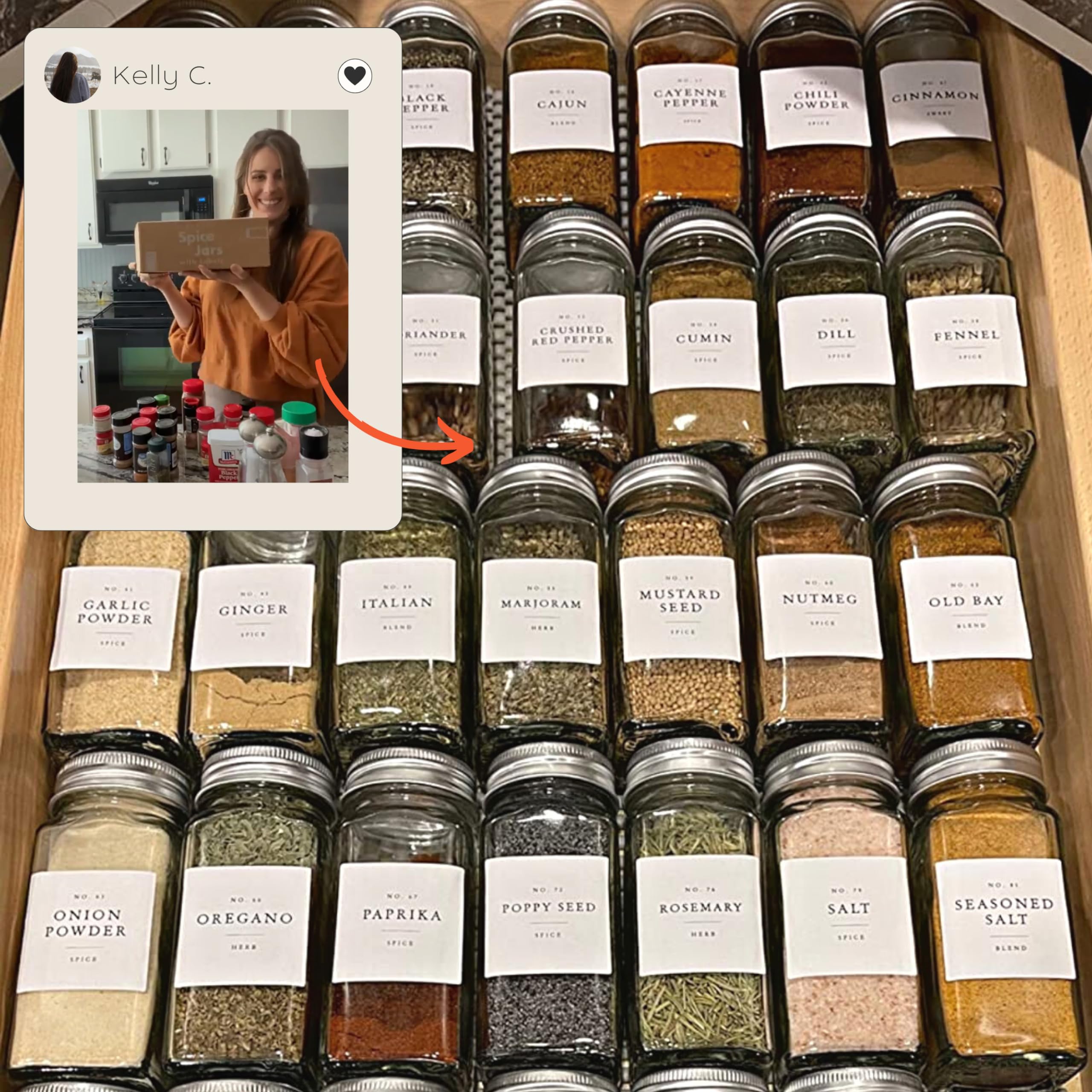 Glass Spice Jars with Label and Organizer - Minimalist Collection - Clear Empty 4 oz Spice Jars with Labels, Spice Seasoning Containers Jars with Labels, Small Spice Bottles Jars Set with Shaker Lids