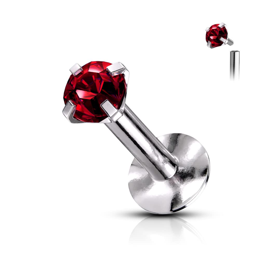 Forbidden Body Jewelry 16g 8mm Internally Threaded Surgical Steel Tragus, Helix Earring and Labret Stud with 2mm Red CZ Top