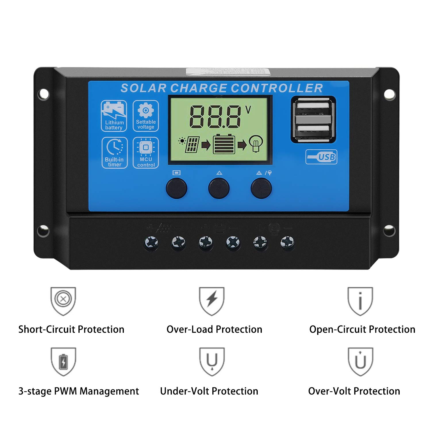 Flexzion PWM Solar Charge Controller LCD Display (20A amp 12V 24V volt) Multi-Function Adjustable Load Regulator, Battery Charger, Street Light Timer Dual USB Port Solar Panel Battery Renewable Power