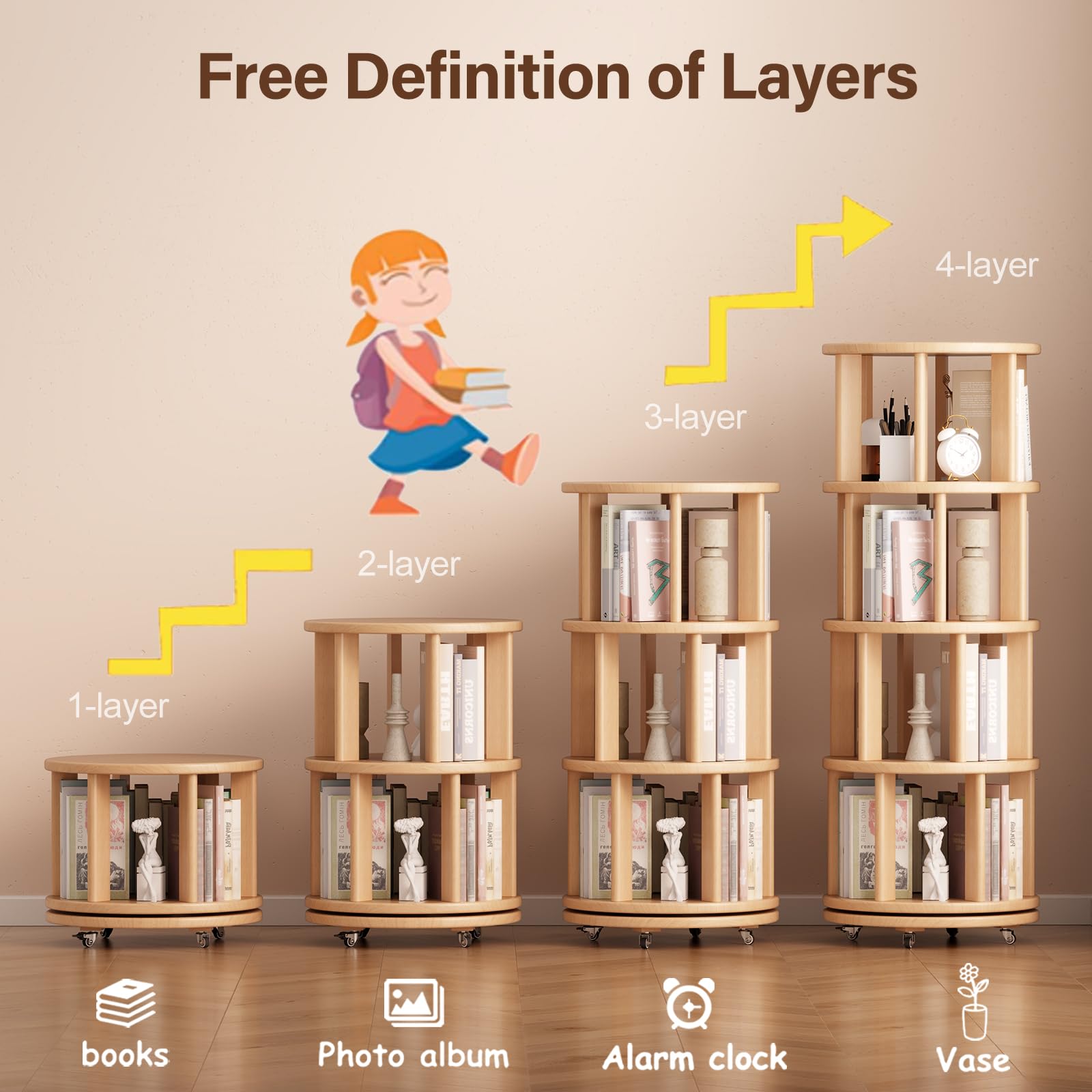 KASLANDI Solid Wood Rotating Bookshelf with Brake Wheels, 360°Display 6 Tier Floor Stackable Spinning Bookshelf Tower for Kids & Adults, Revolving Bookcase for Small Space, Corner (Walnut)