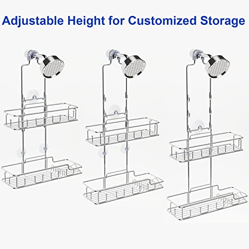 Neahom Adjustable Hanging Shower Caddy Shelf, Hanging Over Shower Head Shower Caddy Bathroom Organizer, Rustproof Storage Shower Rack Holder with Soap Dish and Hooks for Towel, Razor and Sponge Silver